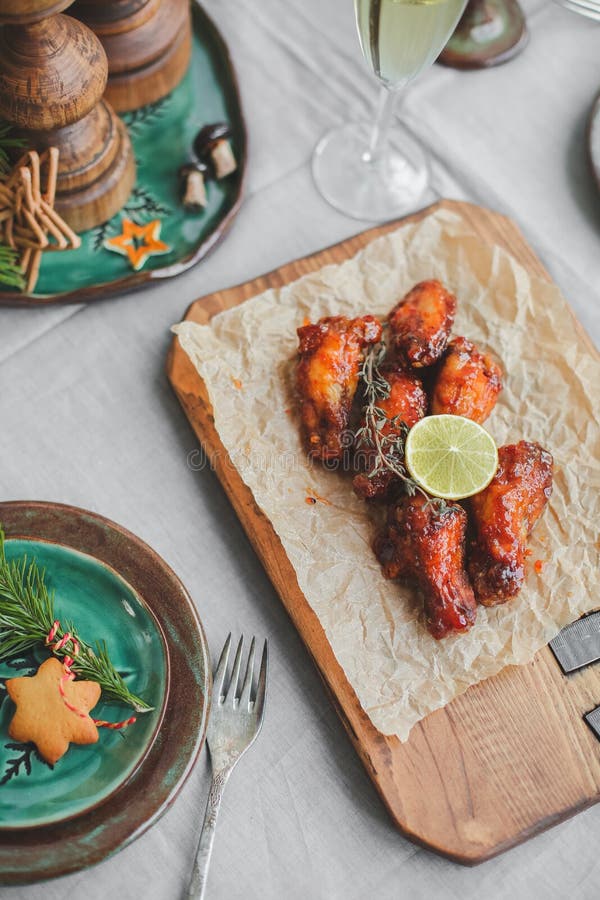 Baked Chicken for Christmas Dinner, Festive Table Setting. Stock Photo ...