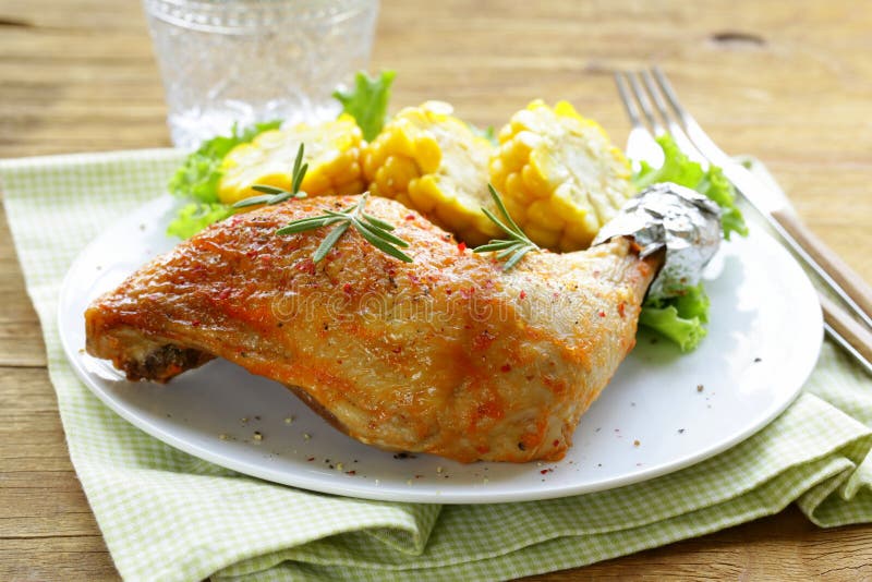 Baked Chicken Leg with Corn Stock Photo - Image of green, closeup: 42829406