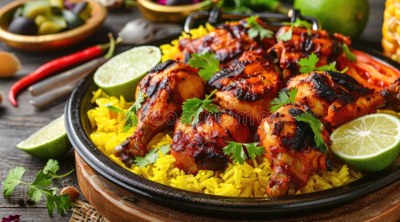 Baked Chicken Legs with Yellow Rice. Tropical Cuisine Stock ...