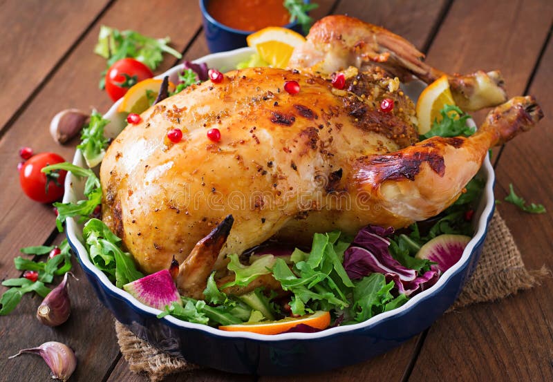 Baked Chicken Stuffed with Rice for Christmas. Stock Photo - Image of ...
