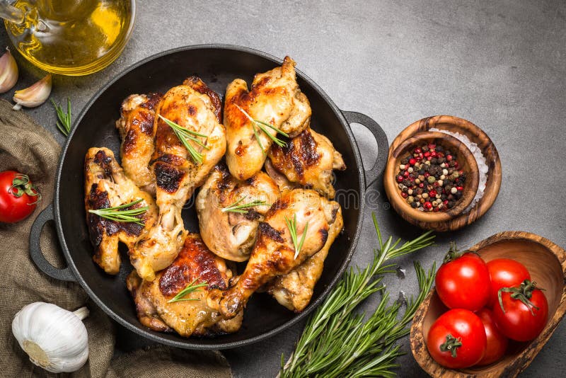 Baked chicken top view. stock image. Image of chicken - 110530569