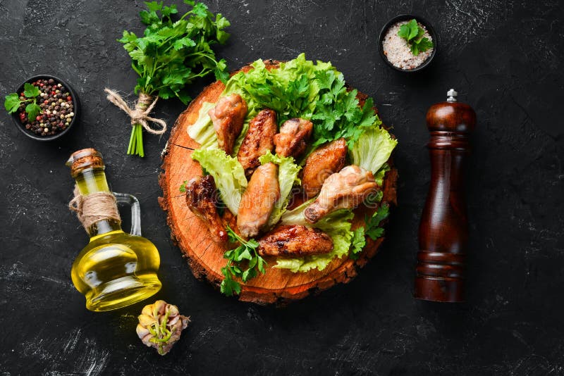 Baked Chicken Wings. Barbecue. Top View Stock Photo - Image of ...