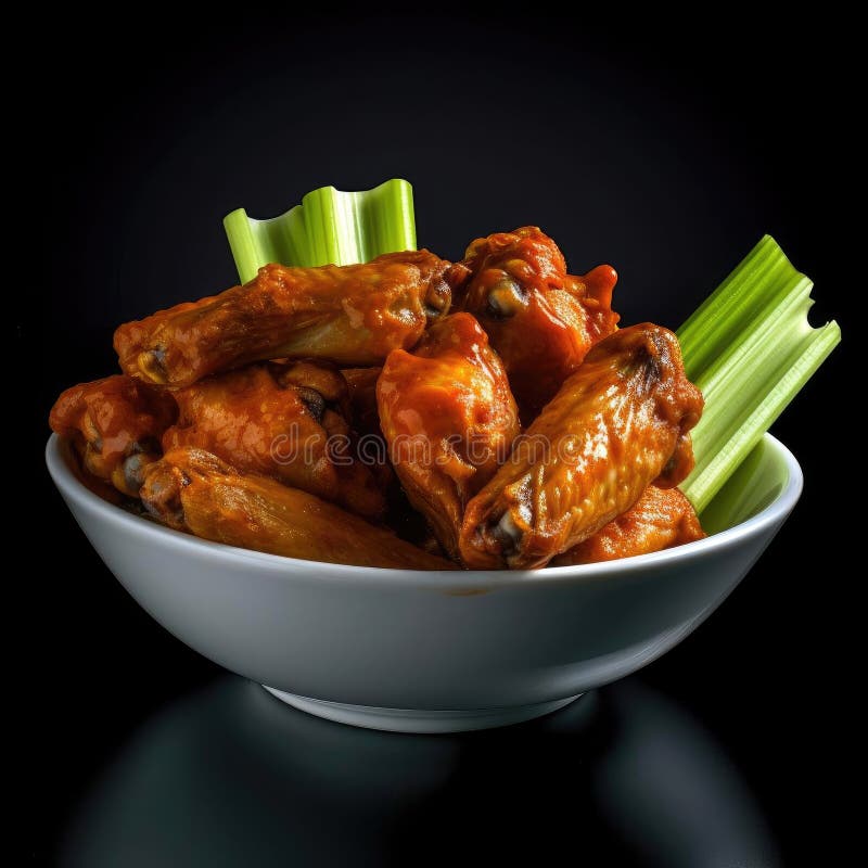 Baked Chicken Wings with Celery in a Bowl on Black Background Stock ...