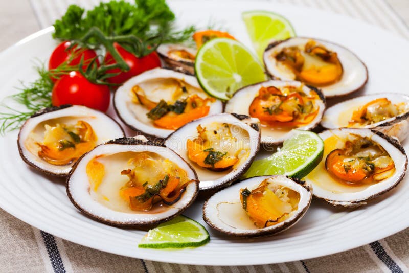 Baked Clams with Sauce and Lime Stock Image - Image of bittersweet ...