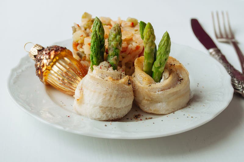 Baked Cod and Asparagus Rolls Stock Photo - Image of fried, gourmet ...