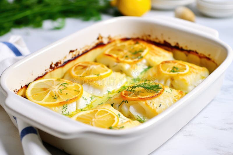 Baked Cod Corners with Lemon Slices in White Dish Stock Photo - Image ...