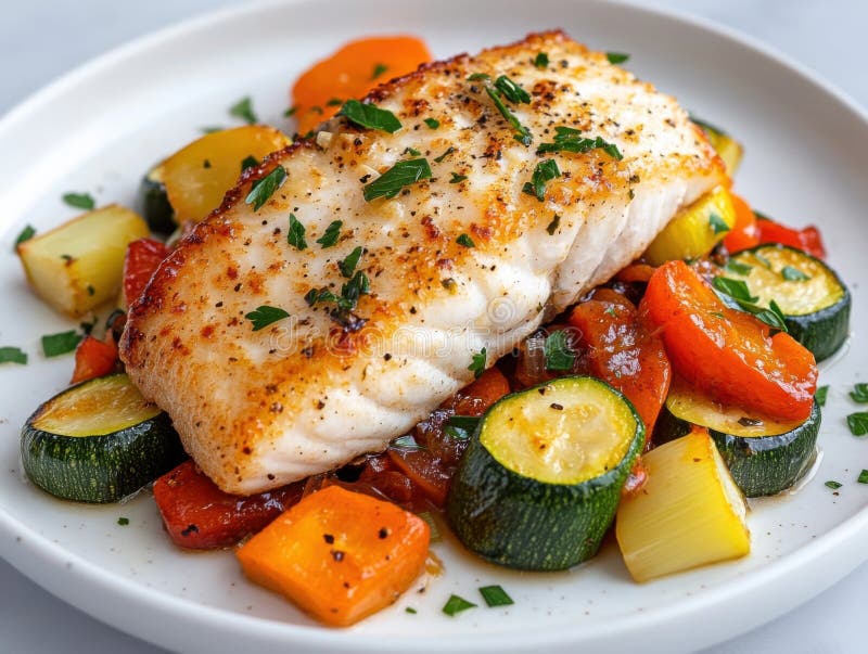 Baked Cod Fillet with Vegetables Stock Illustration - Illustration of ...