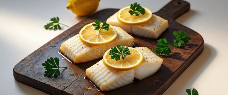 Baked Cod Fillets with Lemon Slices and Herbs on a Wooden Cutting Board ...