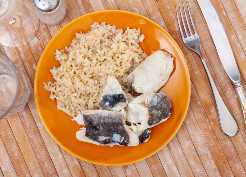 Baked Cod Fillets with Steamed Basmati Rice for Dinner Stock Image ...