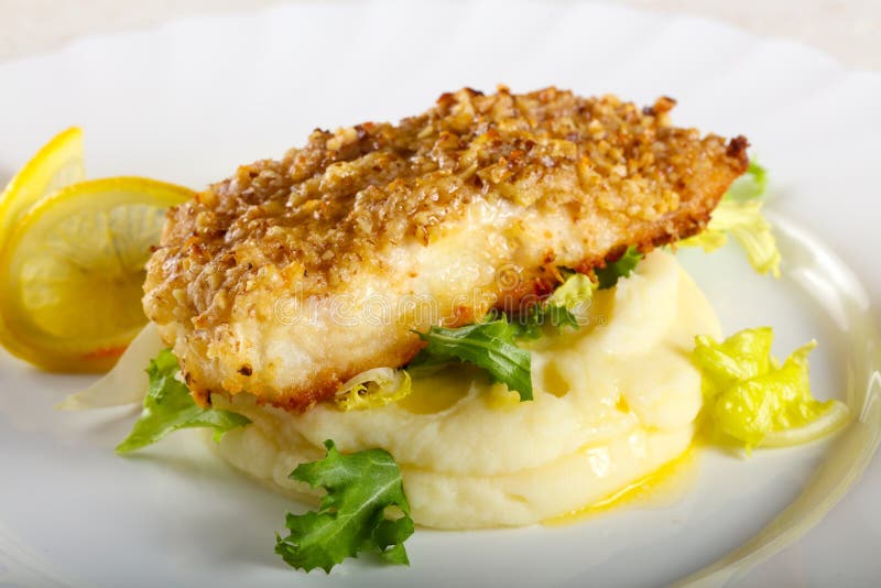 Cod Fish with Mashed Potato Stock Photo - Image of white, roasted ...