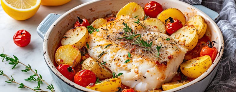 Baked Cod Fish with Potatoes and Cherry Tomatoes on Marble Table. Stock ...