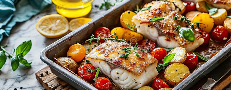 Baked Cod Fish with Potatoes and Cherry Tomatoes on Marble Table. Stock ...