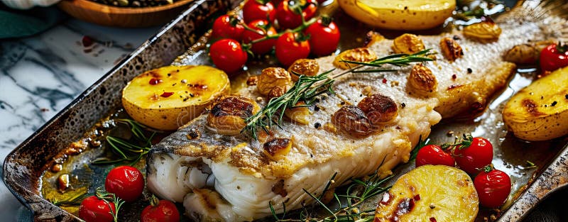 Baked Cod Fish with Potatoes and Cherry Tomatoes on Marble Table. Stock ...