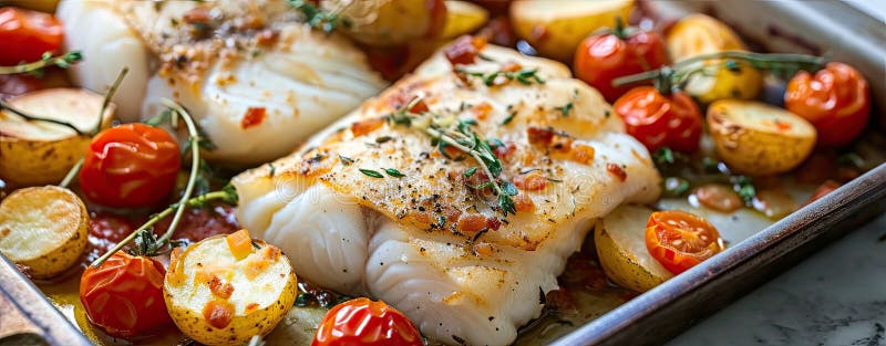 Baked Cod Fish with Potatoes and Cherry Tomatoes on Marble Table. Stock ...