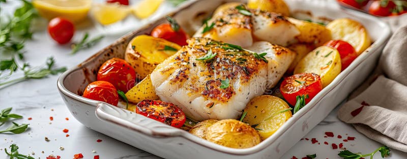 Baked Cod Fish with Potatoes and Cherry Tomatoes on Marble Table. Stock ...