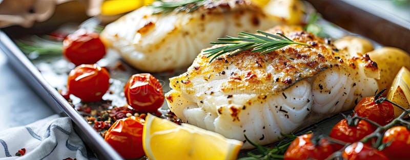 Baked Cod Fish with Potatoes and Cherry Tomatoes on Marble Table. Stock ...