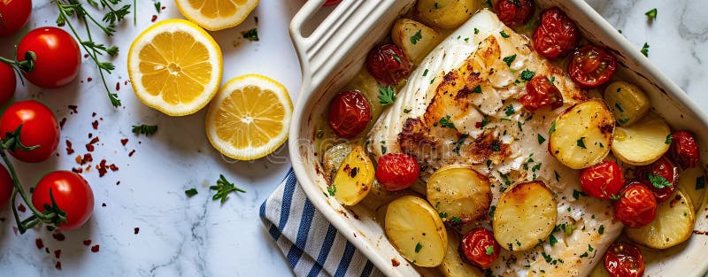Baked Cod Fish with Potatoes and Cherry Tomatoes on Marble Table. Stock ...