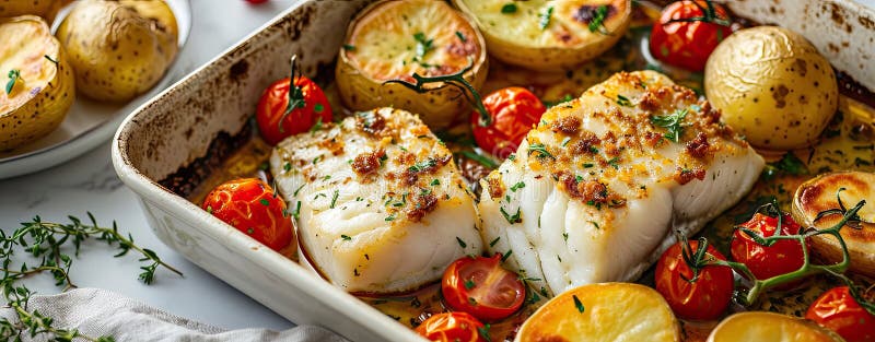 Baked Cod Fish with Potatoes and Cherry Tomatoes on Marble Table. Stock ...