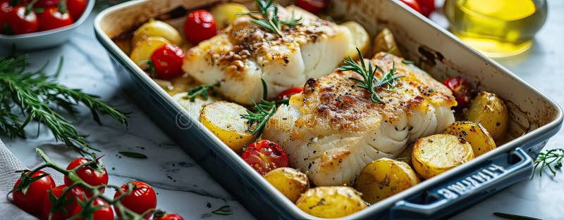 Baked Cod Fish with Potatoes and Cherry Tomatoes on Marble Table. Stock ...
