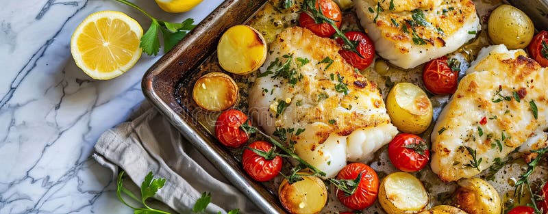 Baked Cod Fish with Potatoes and Cherry Tomatoes on Marble Table. Stock ...