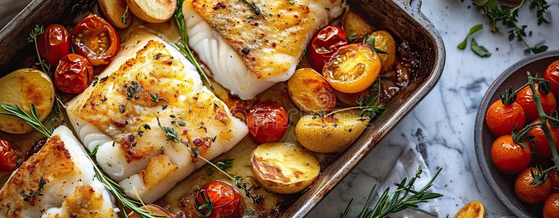 Baked Cod Fish with Potatoes and Cherry Tomatoes on Marble Table. Stock ...