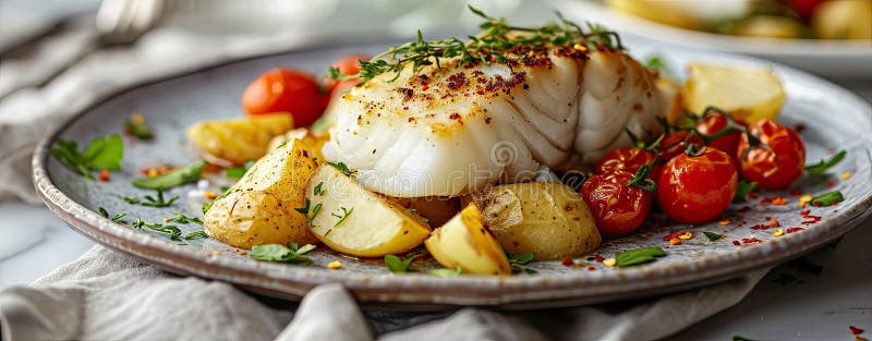 Baked Cod Fish with Potatoes and Cherry Tomatoes on Marble Table. Stock ...