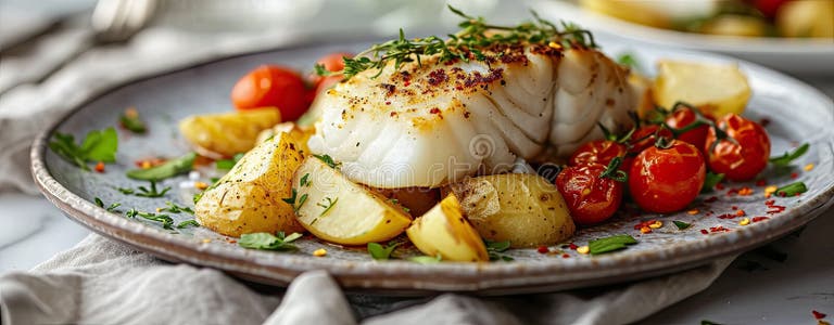 Baked Cod Fish with Potatoes and Cherry Tomatoes on Marble Table. Stock ...