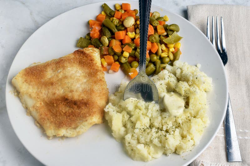 Baked Cod with Mash Potatoes with Mixed Vegetables Stock Photo - Image ...