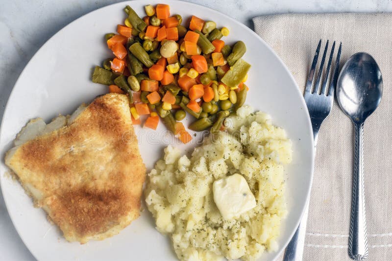 Baked Cod with Mixed Vegetables and Mash Potatoes Stock Image - Image ...