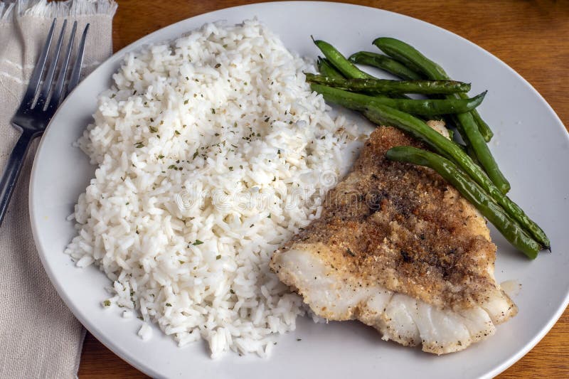 Baked Cod with Rice and Green Beans Stock Image - Image of seafood ...