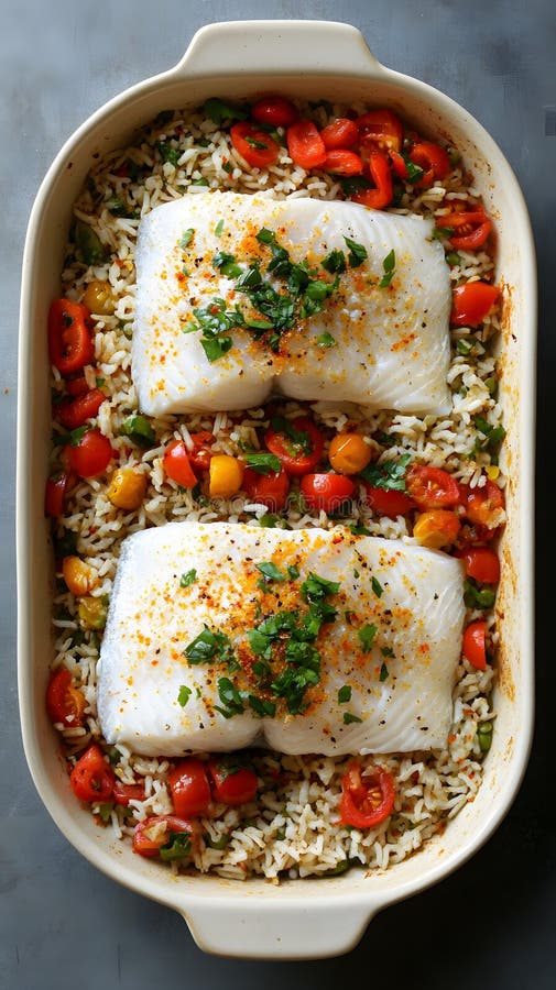 Baked Cod with Rice, Tomatoes, and Herbs Royalty Free Image Stock ...