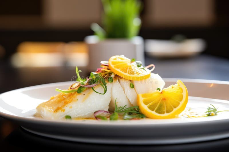 Baked Cod Side View with Lemon Wedge Garnish Stock Photo - Image of ...