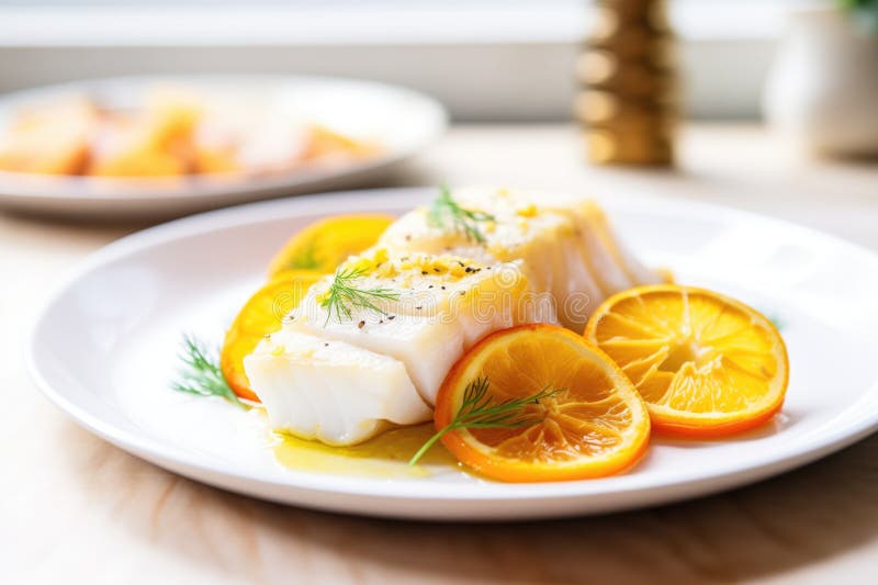 Baked Cod Side View with Lemon Wedge Garnish Stock Photo - Image of ...