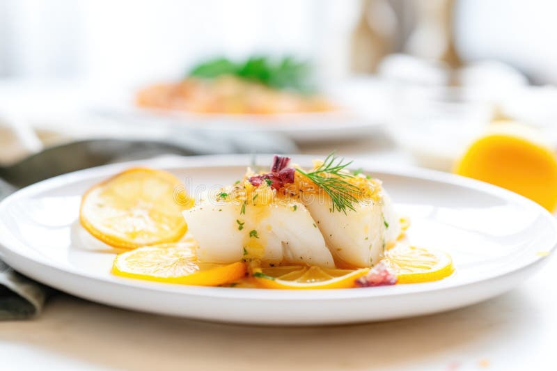 Baked Cod Side View with Lemon Wedge Garnish Stock Photo - Image of ...