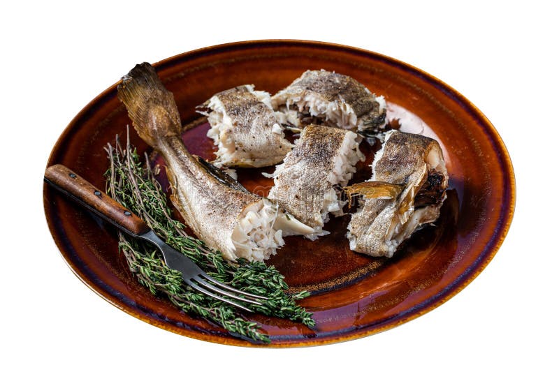 Baked Cod White Fish in a Plate. Isolated on White Background. Top View ...