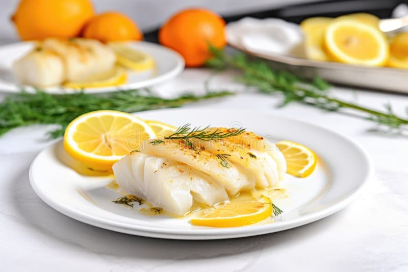 Baked Cod on White Plate, with Two Lemon Slices Stock Image - Image of ...