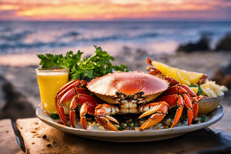 Cooked Crab Seafood Dinner on Sea Evening Shore Stock Illustration ...