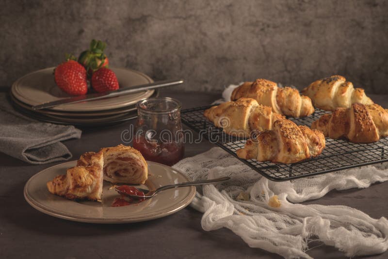 Baked Croissants with Strawberry Jam Stock Image - Image of morning ...