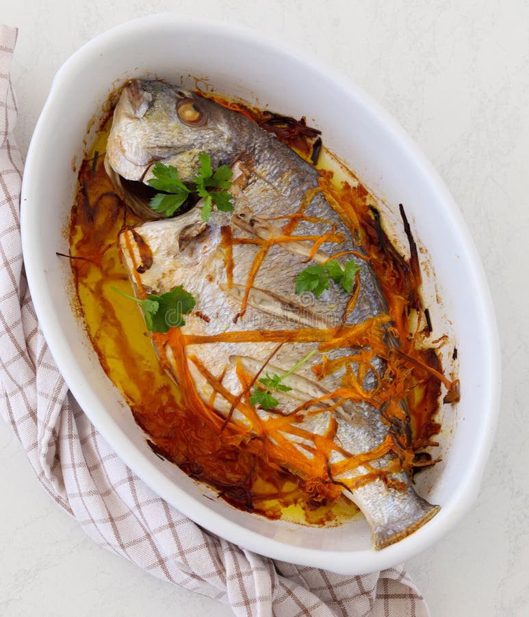 Baked Dorado Fish with Carrot Stock Photo - Image of meal, dinner ...