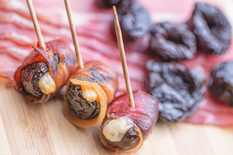 Baked Dried Plums Filled with Cheese and Bacon Rolled, Snack or ...