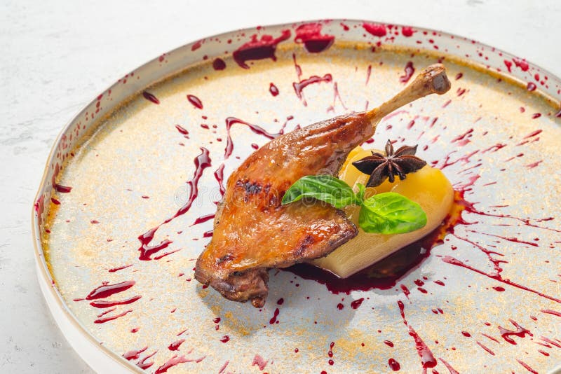 Baked Duck Leg with Pear and Sauce Stock Image - Image of brown, fruit ...