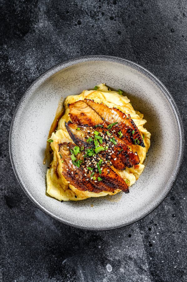 Baked Eel with Japanese Omelette and Rice. Black Background. Top View ...