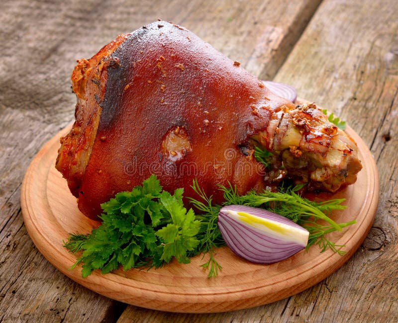 Baked Eisbein with Wegetables on Wooden Board Stock Image - Image of ...