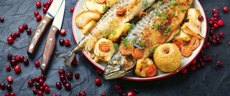 Baked fish with apple stock image. Image of spicy, dish - 203275531