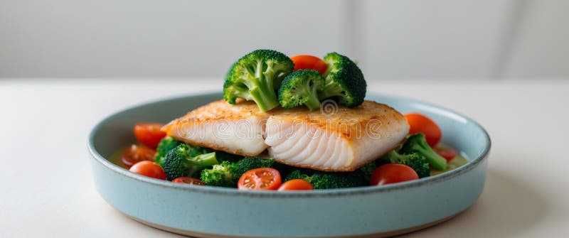 Baked Fish with Broccoli and Tomatoes in a Blue Dish Stock Image ...