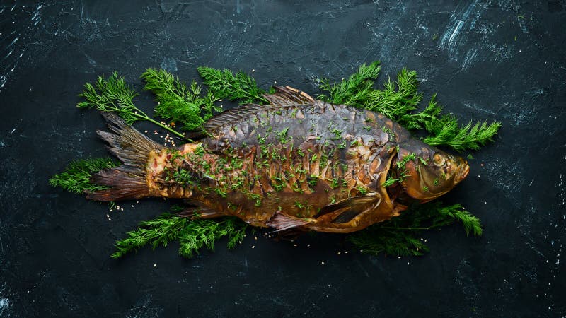 Baked Fish Carp with Vegetables. Top View Stock Image - Image of view ...