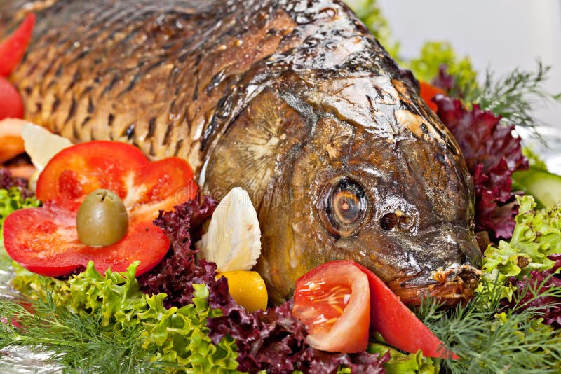 Baked fish stock image. Image of decoration, brown, closeup - 35841273
