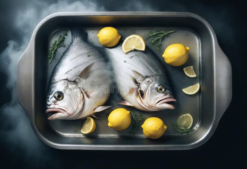 Baked Fish Dorado with Lemon and Herbs in Baking Pan Stock Illustration ...