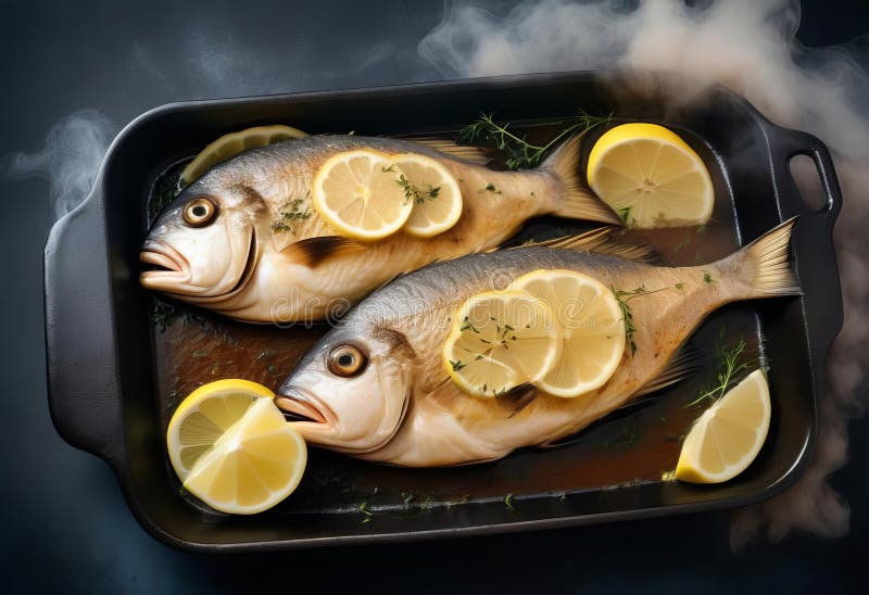 Baked Fish Dorado with Lemon and Herbs in Baking Pan Stock Illustration ...