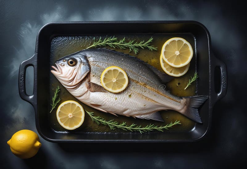Baked Fish Dorado with Lemon and Herbs in Baking Pan Stock Illustration ...